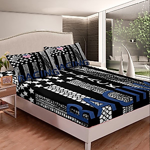 Erosebridal American Flag Sheet Set,Dirt Racing Track Bed Sheets Queen for Kids Boys Teens,Black White Grunge Star Stripe Bedding Set,Grunge Extreme Sports Fitted Sheet + Flat Sheet + 2 Pillowcases