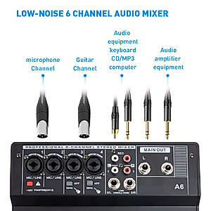 6 Channel Audio Mixer - Portable Digital Line Mixer Console Build-in 24 DSP Effects BT Function 48V Phantom Power for Karaoke Streaming by YOUSHARES