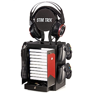 Numskull Official Red Star Trek Gaming Accessory Locker & Storage Stand – Holds 10 Games/DVDs, 4 Controllers, Headset, and Accessories – Durable & Compact Organizer – Official Star Trek Merchandise