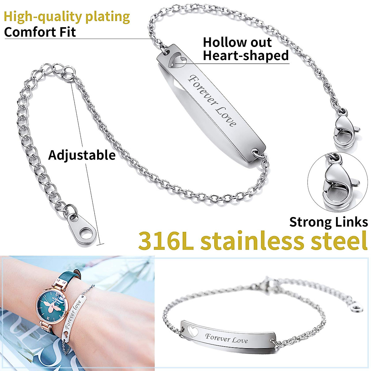 ChainsHouse Engraving Identification Link Bracelet Customized Stainless Steel Heart ID Bar Bracelet for Women Xmas Birthday Gift