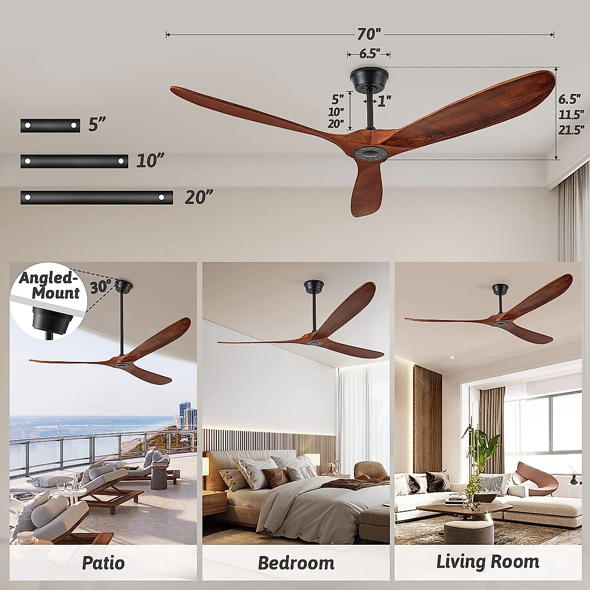 Chriari 70'' Ceiling Fan with Remote/App/Voice Control, Wood Ceiling Fan with 3 Walnut Blades and Reversible DC Motor, Supports 5 Speeds and Smart Timing, Compatible with Alexa/Google Assistant