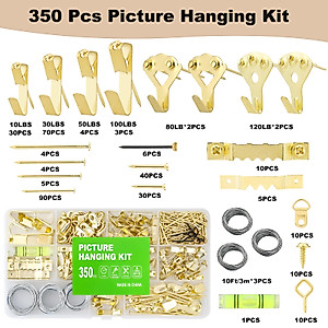 350PCS Picture Hanging Kit, Heavy Duty Photo Frame Hangers with Sawtooth Hardware, D Rings, Nails, Level, Screws, Steel Wire for Picture, Painting, Mirror, Wall Art Mounting