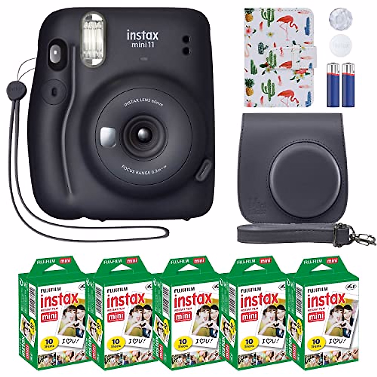 Fujifilm Instax Mini 11 Instant Camera Charcoal Gray + MiniMate Accessory Bundle & Compatible Custom Case + Fuji Instax Film Value Pack (50 Sheets) Flamingo Designer Photo Album