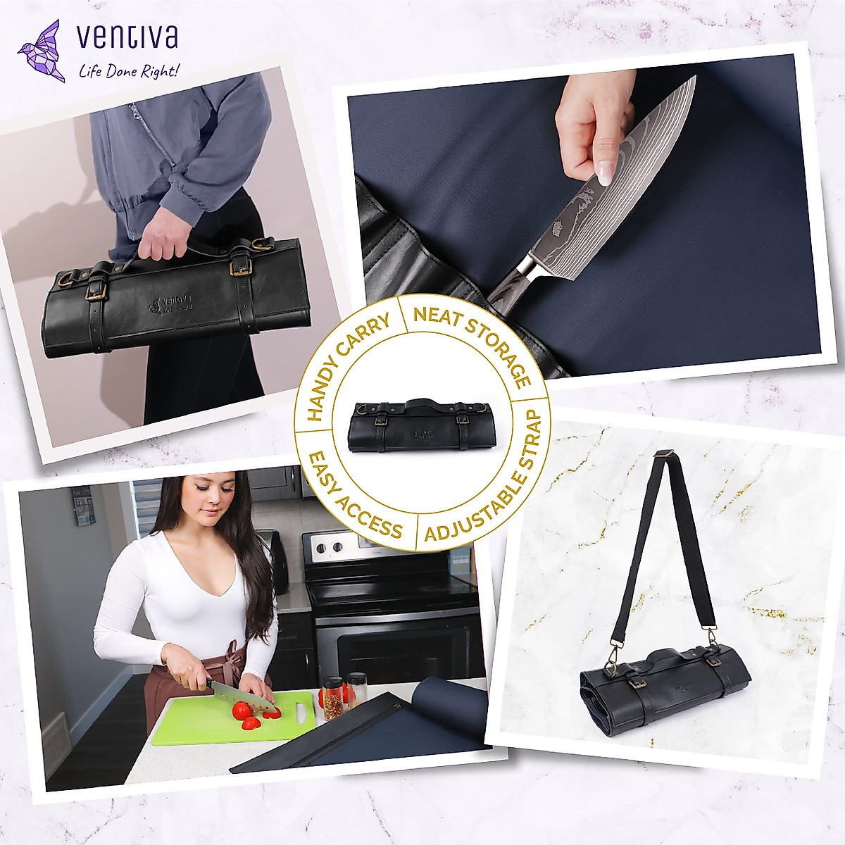 Ventiva - Black Leather Knife Roll Storage Bag, 9 Pockets w/ Large Utility Pocket, Adjustable/Detachable Shoulder Strap, Travel-Friendly and Durable