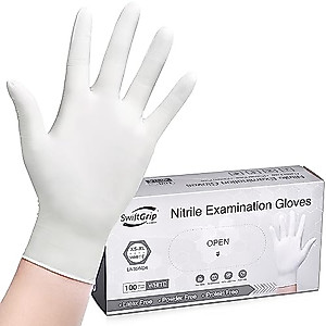 SwiftGrip Disposable Nitrile Exam Gloves, 3-mil, Medium, Box of 100, White Nitrile Gloves Disposable Latex Free for Medical, Cleaning, Cooking & Esthetician, Food-Safe, Powder-Free, Non-Sterile