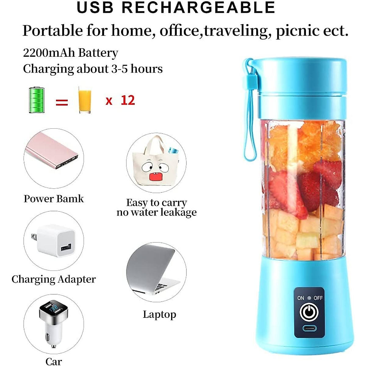 Portable Blender Mixer,Personal Juicer,Smoothies and Shakes Blender,HandCup Fruit Machine Blender 380 ML (Blue, Pink, Purple & Pink Color available) (Blue)