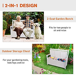 Outdoor Storage Bench Loveseat Deck Box Bench with Arm Back Patio Furniture 2-Seat Container Solid Wood for Garden Tools & Pool Toys Deck Storage Bench for Patio Garden Storage Porch White 450lbs