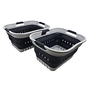 SAMMART 30L (8 gallons) Collapsible Plastic Laundry Basket/Hamper-Foldable Storage Container/Organizer-Space Saving Outdoor Pop Up Saving (Grey/Slate Grey (Set of 2))