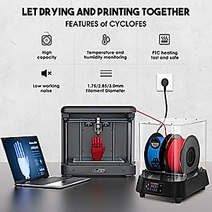 Eibos 3D Printer Filament Dryer Box CYCLOPES, 100W PTC Heater Dehydrator Storage Box with Fans, Temperature Humidity Control, 2 Spools Holder, Compatible with 1.75mm/ 2.85mm/ 3mm Filament