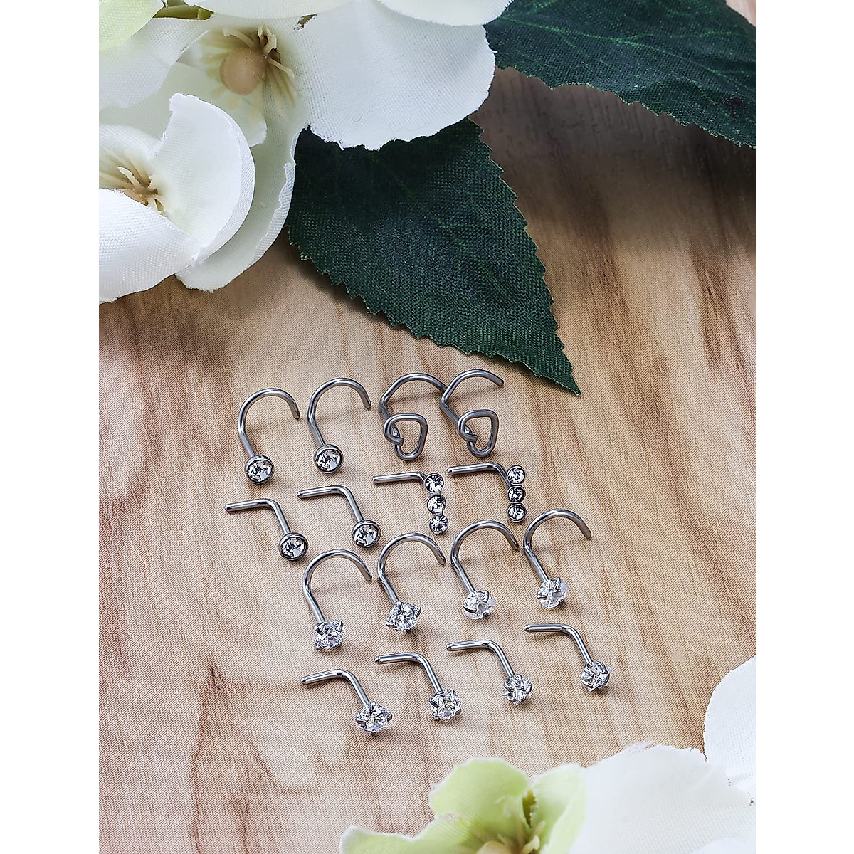 Kwoencxi 20G Nose Rings Stud Piercing Jewelry for Women 20 Gauge Surgical Stainless Steel Screw Twist Spiral L Shaped Bend Silver Nose Nostril Ring Stud Hook Piercing Jewelry Pack Set Men Diamond 2MM