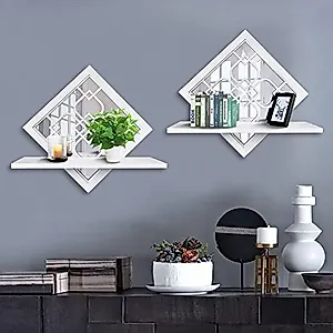 ZEXUIRU 2 Set Mirrored Shelves Wall Decor Wood Rustic Floating Shelves Geometric Diamond Shape Carving Frame Hanging Wall Art (White Set)