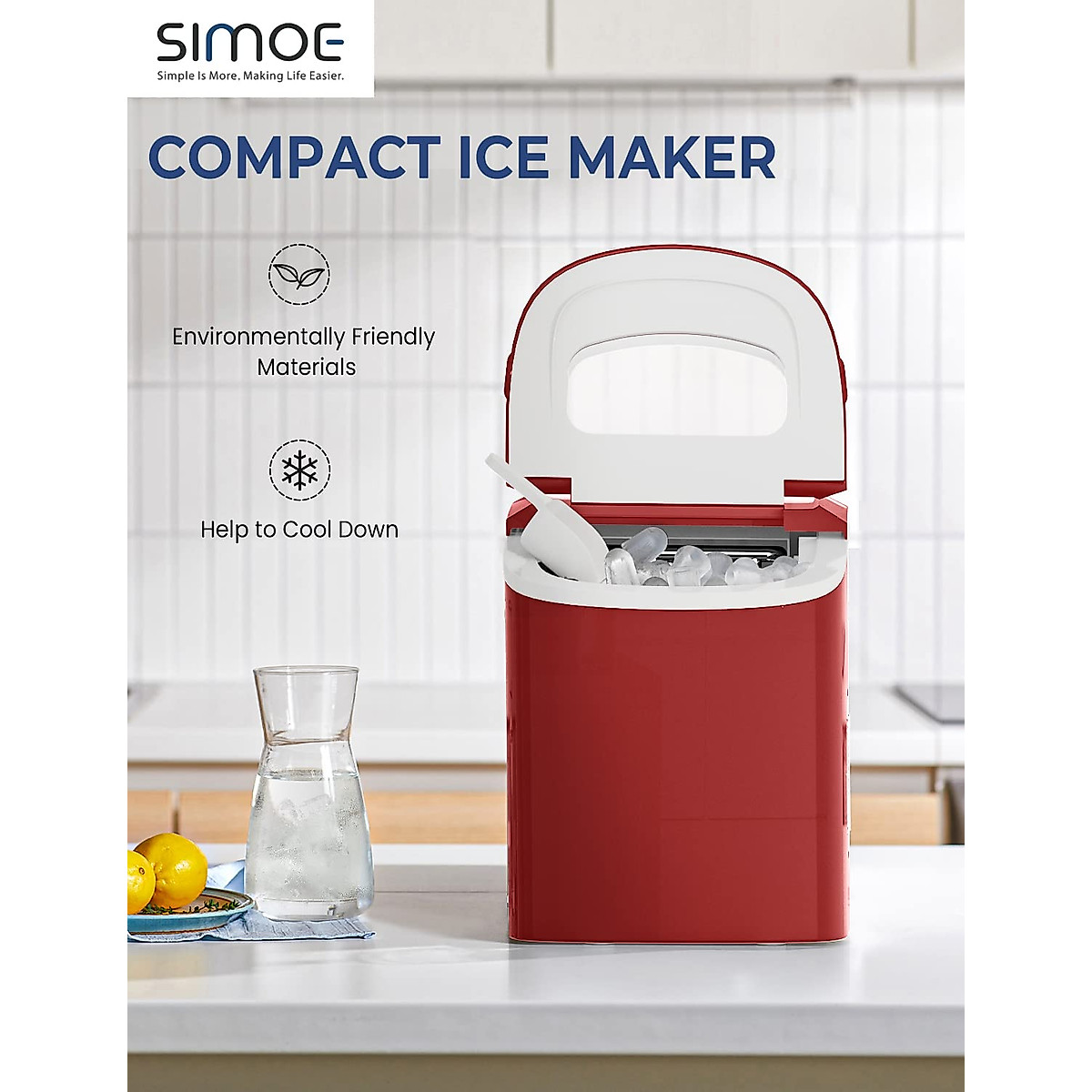 SIMOE Electric Ice Maker Machine for Countertop, 26-1/2 LBS/24 H Ice Making Machine with 9 Ice Cubes Ready in 6 Min, Portable Ice Cube Machine with Scope & Basket (Red)