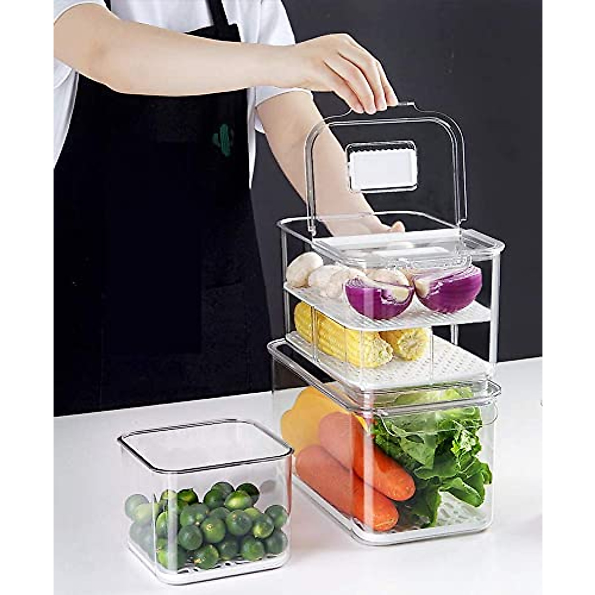 SANNO Vegetable Fruit Storage Containers, Produce Saver Containers Refrigerator Storage Containers Fresh Produce Saver with Lids and Vents,Stackable Salad Lettuce Keeper for Refrigerator