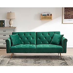 ERYE Futon Sofa Loveseat Convertible Sleeper Couch Bed for Small Space Apartment Office Living Room Furniture Sets Sofabed, Green Velvet 69.7"