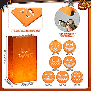 Mimorou 140 Pcs Halloween Pumpkin Bags Luminary Bags Cute Paper Lantern Candle Bags Flame Resistant Halloween Party Decoration, 7 Styles