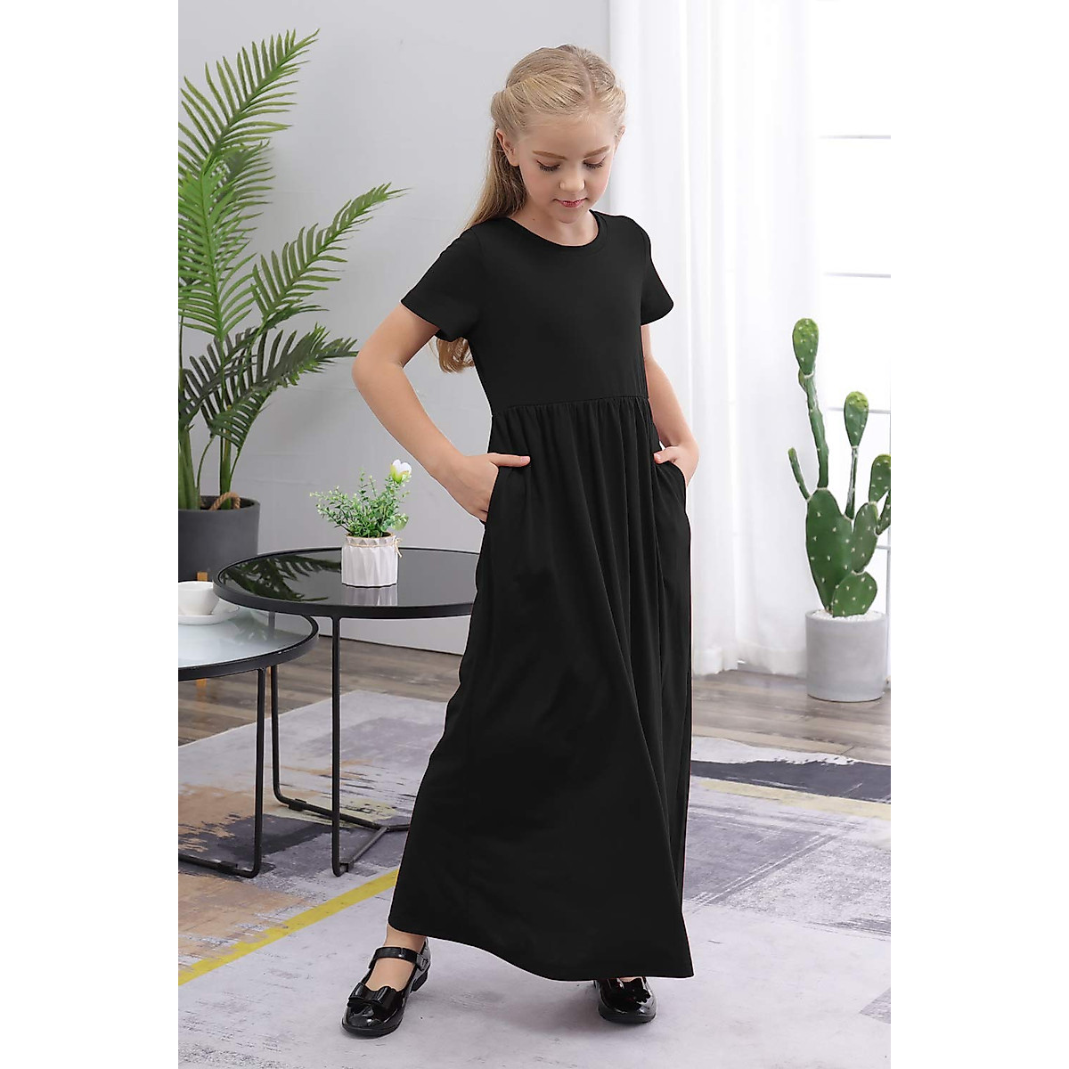 GORLYA Girl's Short Sleeve Floral Print Loose Casual Holiday Long Maxi Dress with Pockets (14Years/Height:160cm, Black Color)