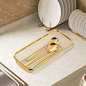 TUPMFG Kitchen Drawer Organizer, Stainless Steel Storage Basket for Silverware,Kitchen Utensil,Cutlery Tray Set Of 2, Gold