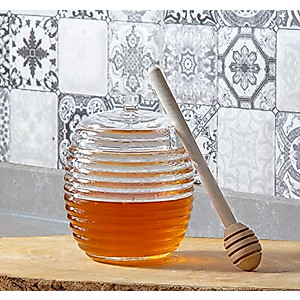 Touchstone Glass Honey Jar with Wood Dipper and Lid Perfect for Any Kitchen, Food Grade Glass Honey Jars with Dipper Material, The Honey Pot with Wooden Spoon, Honey holder, (3.5" x 4.3") (9 fl oz)