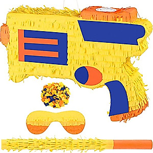 Gun Pinata Small Dart Battle Party Supplies Gun War Theme Party Decorations for Boys Pinata Bundle with Wooden Stick Paper Blindfold Confetti Set for Kids Birthday Game Decor,16.1 x 11.8 x 2.8 Inch