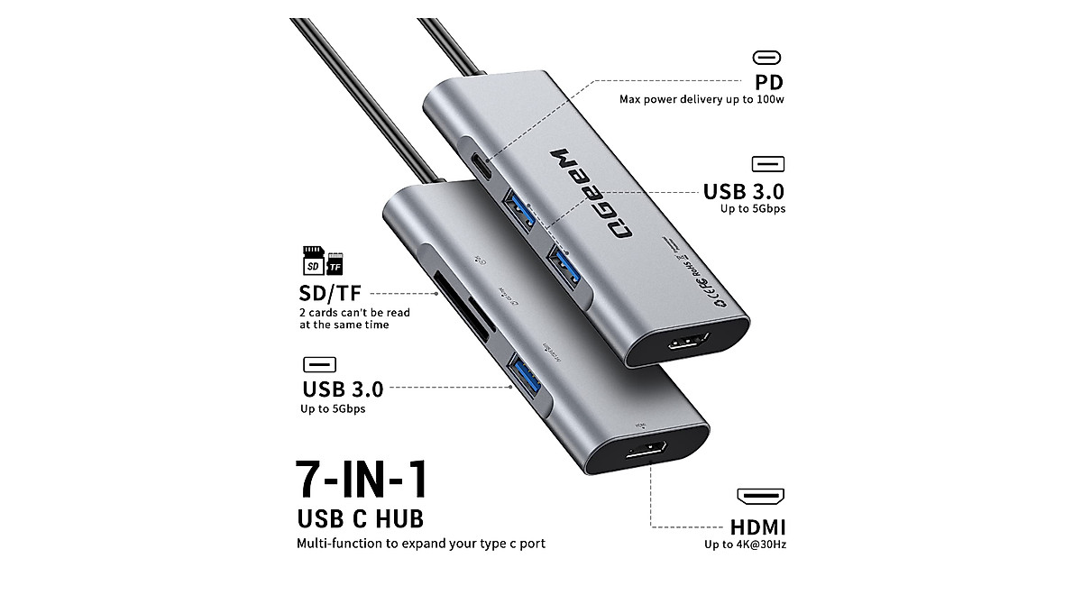 QGeeM USB C Hub - 7-in-1 HDMI, 100W Power, USB 3.0 & SD/TF