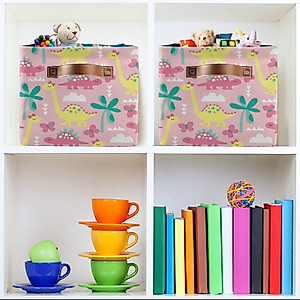 Pink Dinosaur Animal Storage Basket Storage Bin Rectangular Collapsible Storage Box with Leather Handles Nursery Baskets Organizer for Office, Bedroom