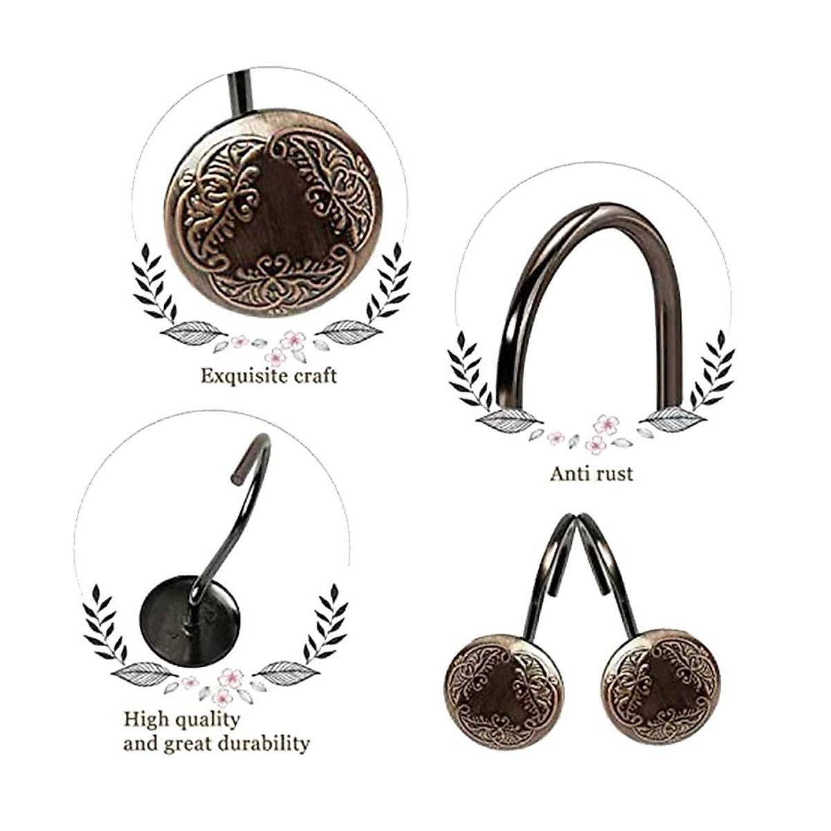 Oil Rubbed Bronze Shower Curtain Rod Hooks, Antique Curtain Rings Holder Decorative Rustproof for Bathroom Shower Home