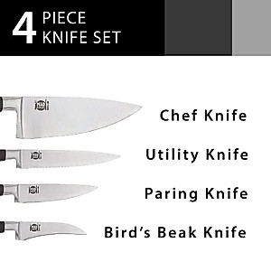 Mad Hungry 4-Piece Forged Specialty Knife Set - 6" Chef, 4.5" Serrated Utility, 3.5" Paring, & 3" Birds Beak Knives Kitchen (Black)