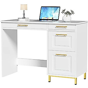 HOMBCK White Desk with Drawers, Modern White and Gold Desk with Drawers, Home Office Desk Small Computer Desk for Bedroom, Vanity Desk with 4 Drawers & Spacious Desktop, White/Gold