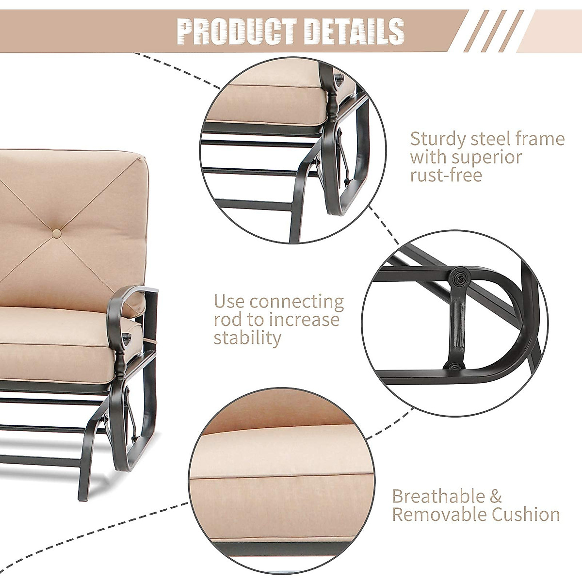 Omelaza Patio Bench, Porch Glider Outdoor Swing Glider Rocking Loveseat, Steel Frame Chair with Thick Cushion (Brown)