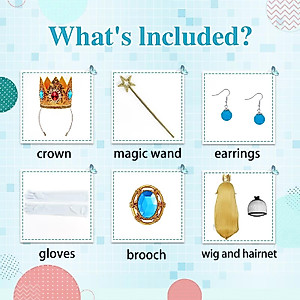 Anogol Hair Cap+ (8 Pcs Set) Princess Wig For Women Golden Long Wavy Wig Peach Cosplay Wig Anime Synthetic Wig For Halloween Party Costume Wig (1 Crown+ 1 Wand+ 2 Earrings+ 2 Gloves+ 1 Brooch)