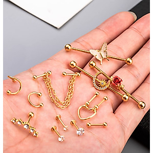 NICEIGHT 20Pcs 316L Stainless Steel Industrial Barbell Earring Cartilage Earring Helix Tragus Studs Conch Daith Piercing Jewelry G