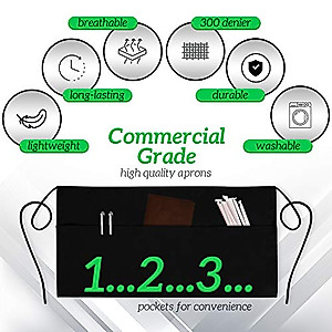 GREEN LIFESTYLE 12 Pack Server Aprons with 3 Pockets - Waist Apron, Waitress Apron for Women and Man, Water Resistant with Long Waist Strap Reinforced Seams, Half Apron (Black)