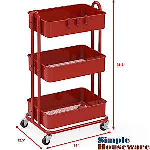Simple Houseware Heavy Duty 3-Tier Metal Utility Rolling Cart, Red