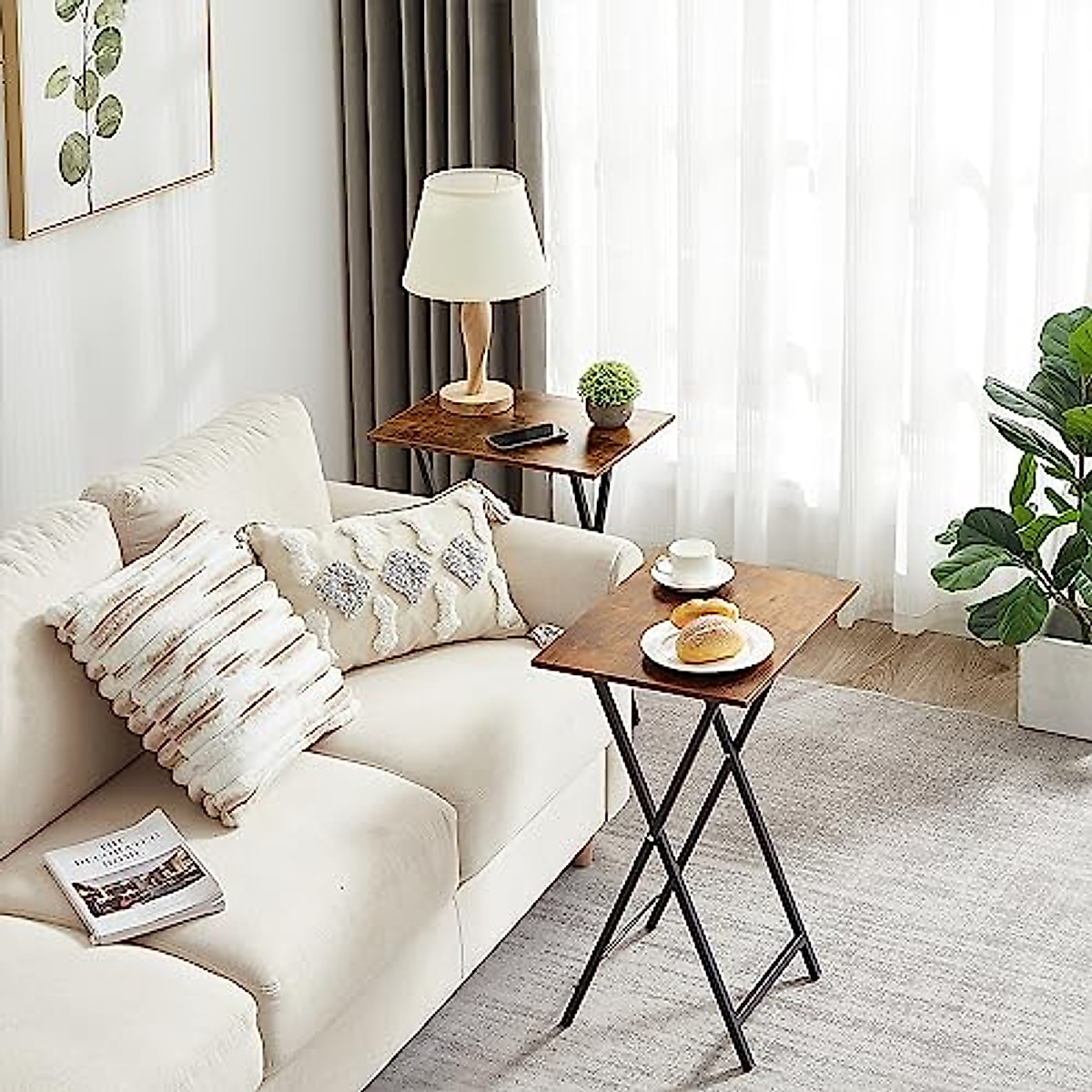 VECELO TV Tray for Eating Set of 2, Portable Dinner/Snack Table with Cup Holder for Couch, Living Room and Small Space, Brown