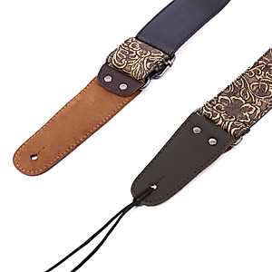 Anwenk Guitar Strap, Stamped Leather Guitar Strap PU Leather Western Vintage 60's Retro Guitar Strap with Genuine Leather Ends for Electric Bass Guitar, with Tie,Include 2 Picks,Bronze