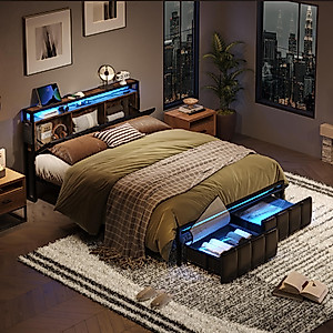 Bestier Queen Bed Frame with Hidden Storage Headboard, Black PU Leather Platform Bed with 2 Dustproof Drawers, 2 Tier Shelves with Charging Station, Dual LED Light, No Box Spring Needed, Easy Assembly
