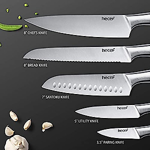 hecef Silver Kitchen knife set of 5, Satin Finish Blade with Hollow Handle, includes 8" Chef, 8" Bread, 8" Santoku, 5" Utility and 3.5" paring knife