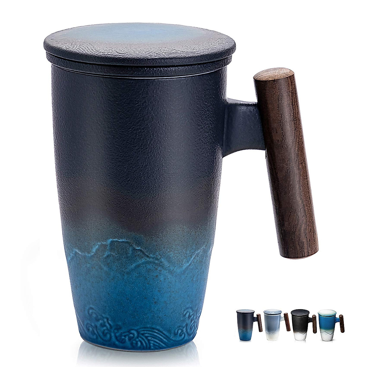 suyika Ceramic Tea Cup with Infuser and Lid Tea Mugs Wooden Handle for Steeping Loose Leaf Tea 400ml, 13.5 oz, Gradient Navy Blue & Black