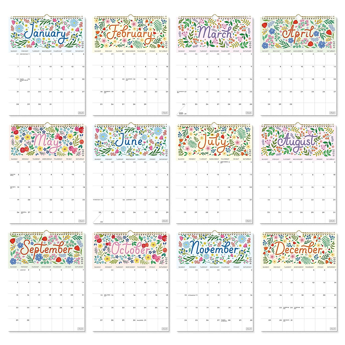 S&O Five Color Floral 2024 Wall Calendar Runs from Now to December 2024 - Tear-Off Monthly Calendar - Academic Wall Calendar - Hanging Calendar to Track Anniversaries & Appointments - 13.5"x10.5”in