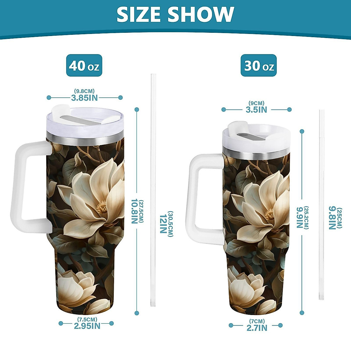 Msyxl 30 oz Insulated Stainless Steel Tumbler with Handle and Straw Lid - Leak-proof Coffee Mug for Men Women, Travel Mug Fits Cup Holder (Magnolia Flowers)