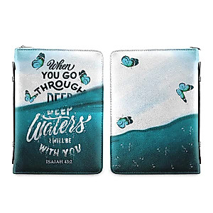When You Go Through Deep Waters I Will Be with You Isaiah Christian Gifts Custom Book Bible Cover Premium Faux or Top Grain Leather