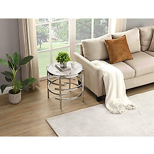 Round End Table Marble Stone Living Room Table Silver Modern Small Coffee Table Sofa Side Table, Silver Chrome Metal Frame, Furniture for Home Office (end table, Silver)