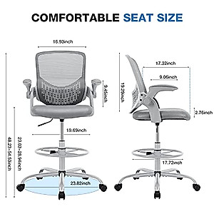 Drafting Chair - Tall Office Chair for Standing Desk Mesh Chair with Mid-Back and Height Adjustable Swivel Chair with Lumbar Support and Flip-up Armrests for Adults