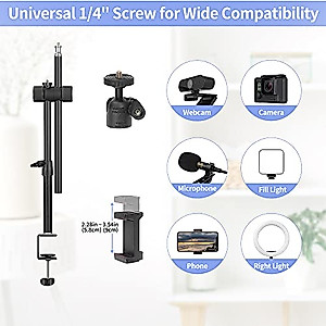 JINSUI Overhead Phone Mount with Holding Arm, Adjustable Camera Desk Mount with Phone Holder and 360° Ball Head, Table C-Clamp Mount Stand for Webcam, Light, Video Recording, Live Streaming