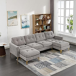 UBGO Living Room Furniture Sets,110" Large Sofa,U-Shape Sectional Chaise Lounge and Convertible Ottoman,Velvet Couches for Apartment,Office (Light Grey)