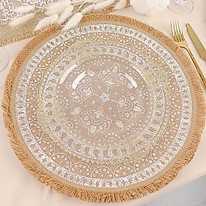 BalsaCircle 4 Natural 15 in Round Woven Burlap Jute Placemats White Print Fringe Trim Wedding Party Event Home Decorations Supplies