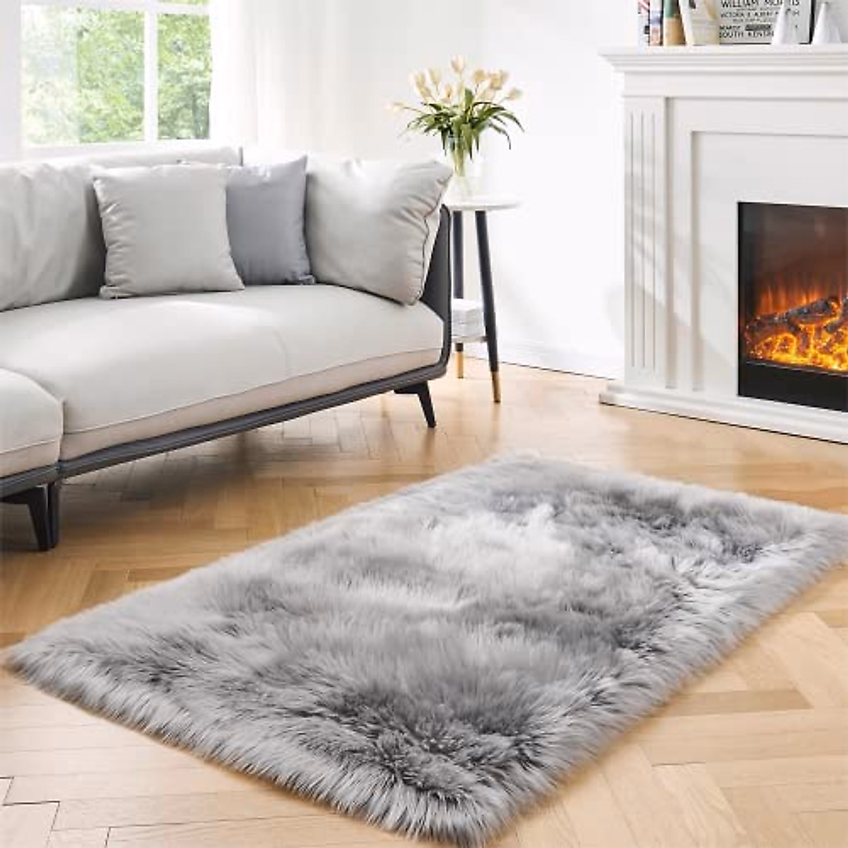 Rainlin Ultra Soft Fluffy Faux Fur Area Rugs for Bedroom Living Room Grey Fuzzy Washable Home Decor Carpets Luxury Plush Shag Rectangular Rugs,3x5 Feet