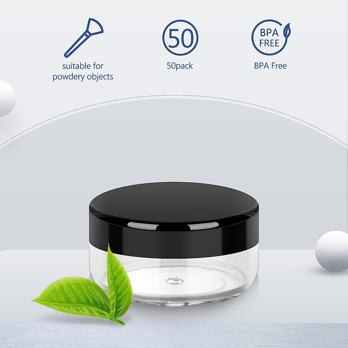 Loretoy Household 0.1oz Plastic Jars with Lids, 50 Pack BPA Free, Reusable, Refillable Transparent Cosmetic Containers for Bath Salts, Cosmetics, Powders, Beauty Product and Small Accessories