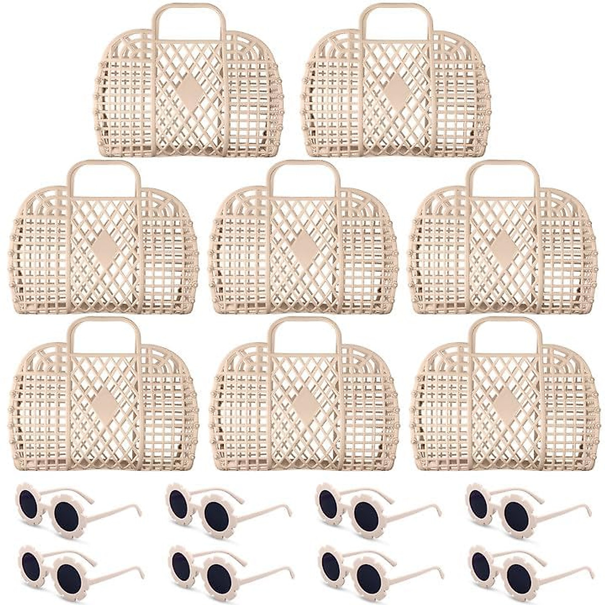 FIONUPI 16 Pcs Jelly Bags with Sunglasses for Women Wedding Jelly Purse Beach Bags Plastic Jelly Basket Flower Glasses for Bridal Wedding Party Gift