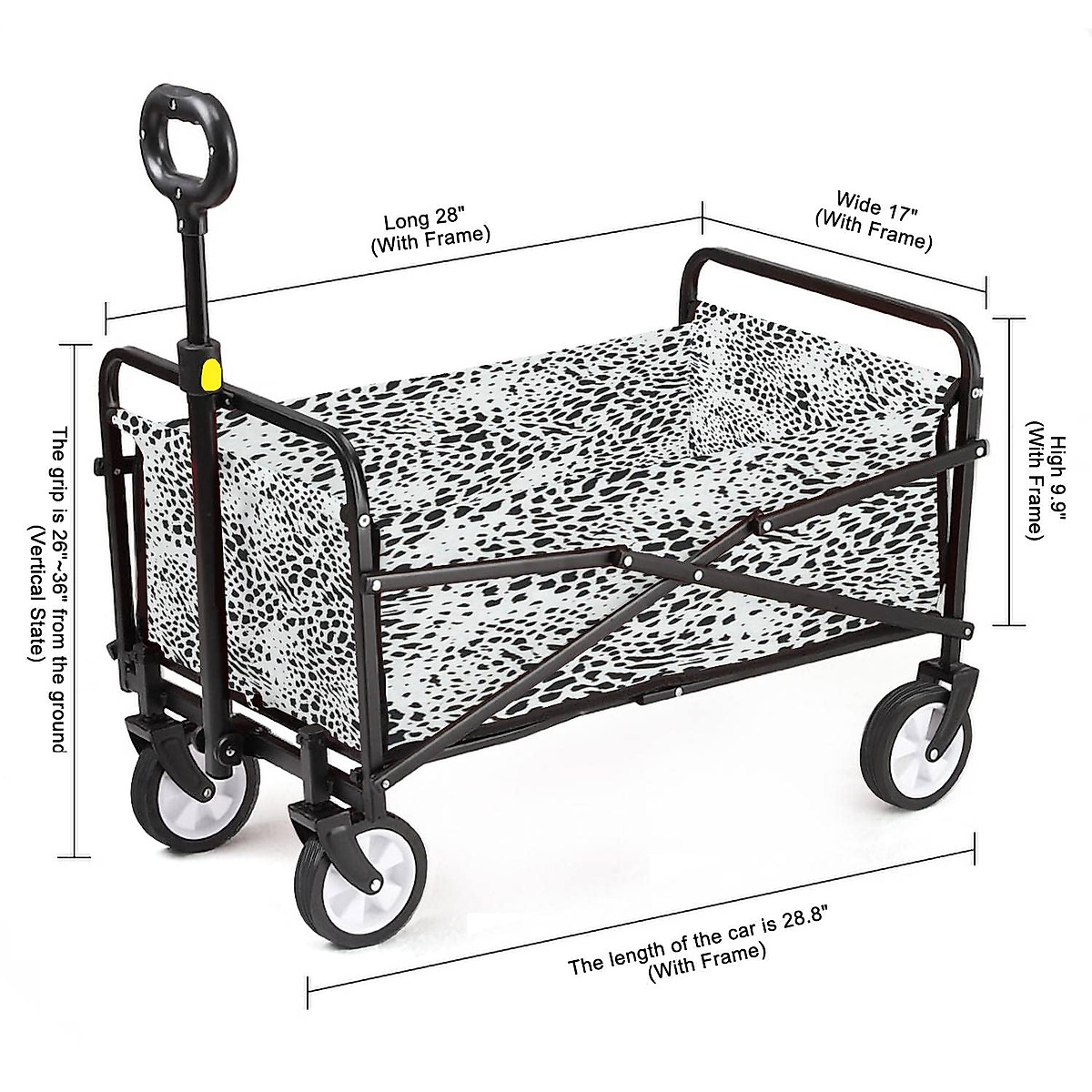 Outdoor Collapsible Wagon Seamless Black White Fur Stylish Fashionable Wild Leopard Cheetah Camping Shopping Garden Cart Heavy Duty Wagon Adjustable Portable Utility Folding Wagon with Wheels